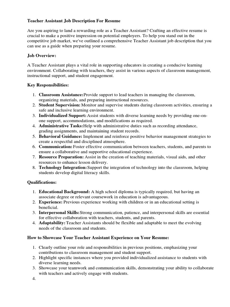 Teacher Assistant Job Description For Resume | PDF | Teachers | Child Care