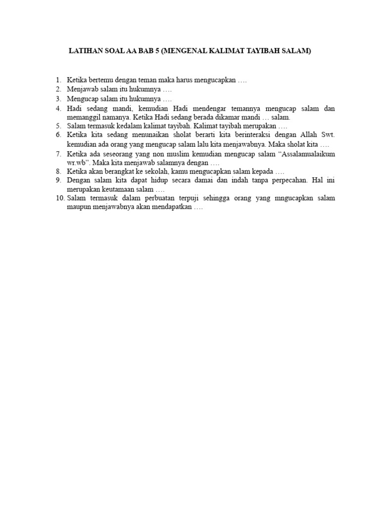 Latihan Soal Aa Bab 5 Mengenal Kalimat Tayibah Salam | PDF