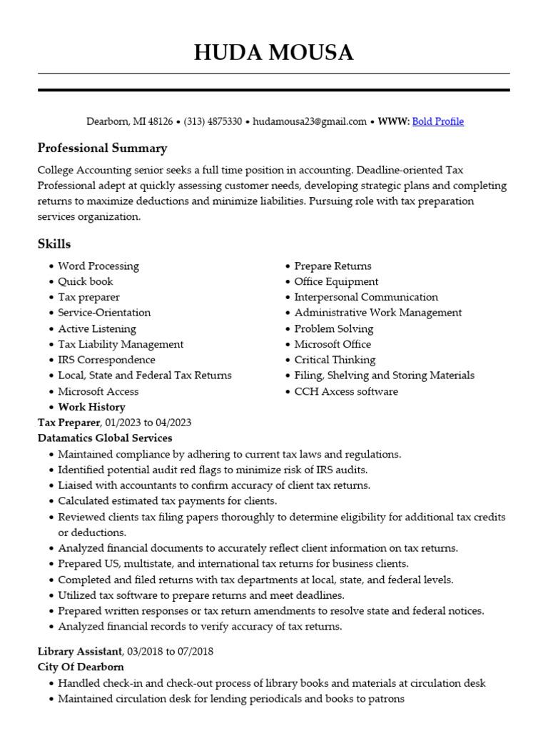 Huda Mousa Resume2 | PDF | Libraries | Taxes