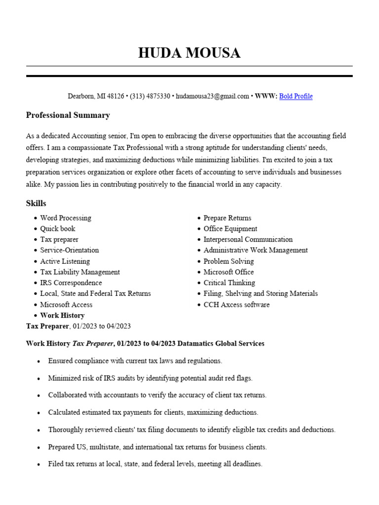 Huda Mousa Resume | PDF | Taxes | Accounting