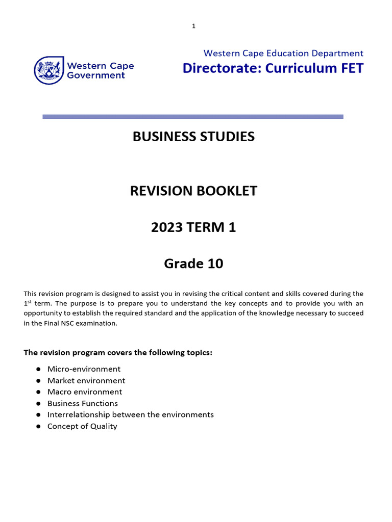 2023-03-10 Term 1 GR 10 Revision Booklet | PDF | Macroeconomics | Business