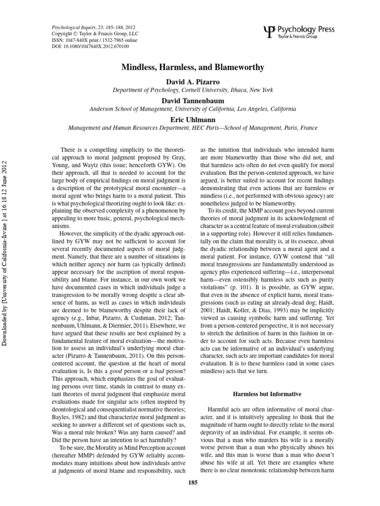 Mindless, Harmless, and Blameworthy: David A. Pizarro David Tannenbaum ...