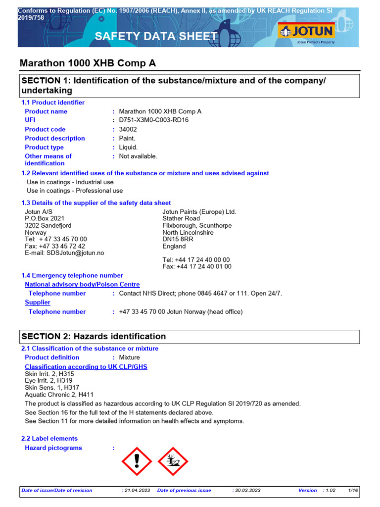 SDS 34002 Marathon 1000 XHB Comp A Euk GB | PDF | Toxicity | Chemical Reactions