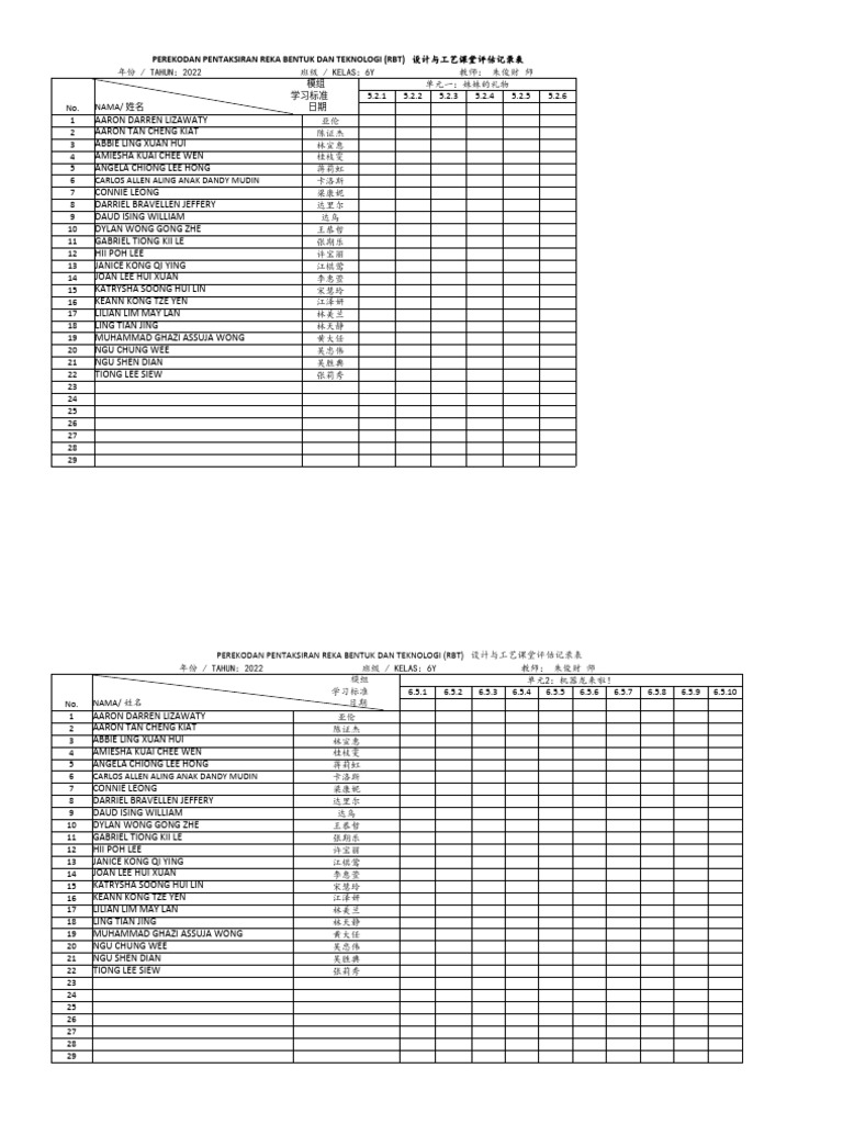Borang Perekodan PBD RBT Tahun 6y | PDF
