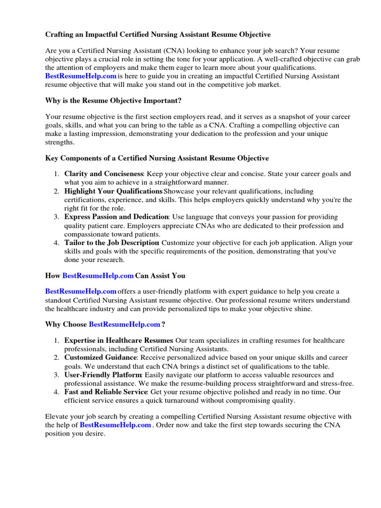 Crafting a CNA Resume Objective | PDF | Nursing | Health Care