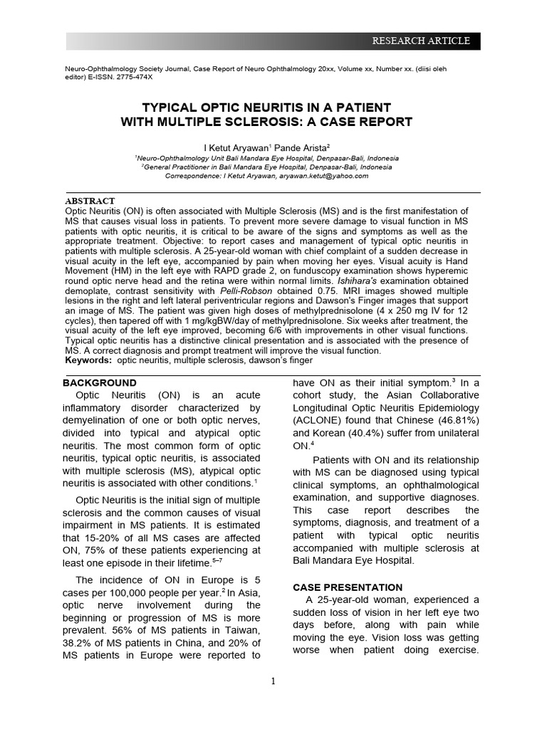 Optic Neuritis in MS: Case Study | PDF | Multiple Sclerosis | Clinical Medicine