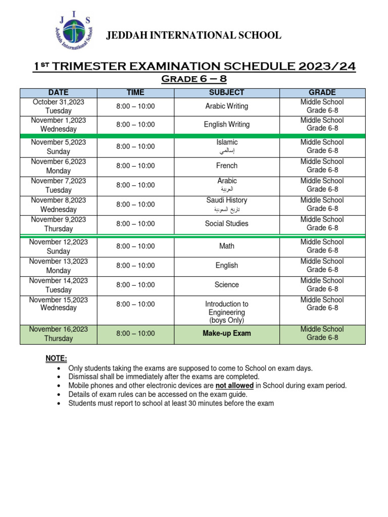 G6-8 - 1st Trimester Exams Schedule | PDF | Middle Schools | Academic Term