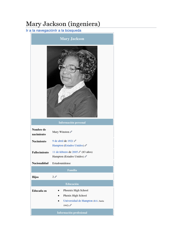Biografía de Mary Jackson, pionera en NASA | PDF