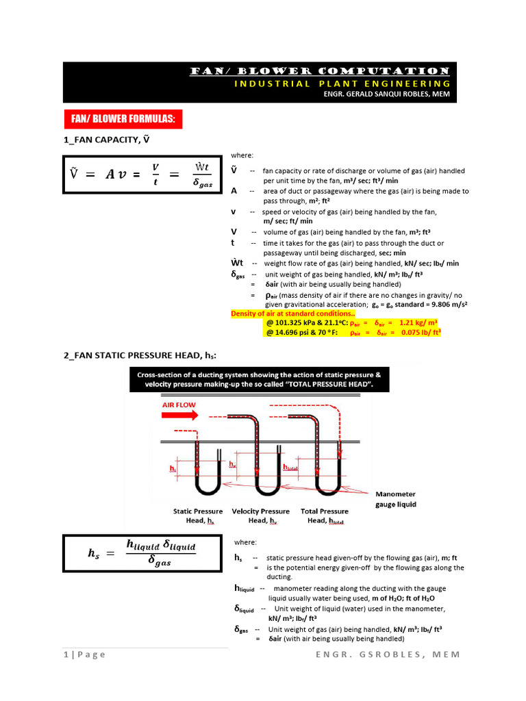 Fan and Blower Calculation Formulas | PDF | Pressure | Horsepower