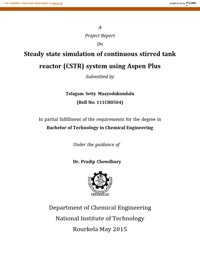Steady State Simulation of Continuous Stirred Tank Reactor (CSTR) System Using Aspen Plus | PDF ...
