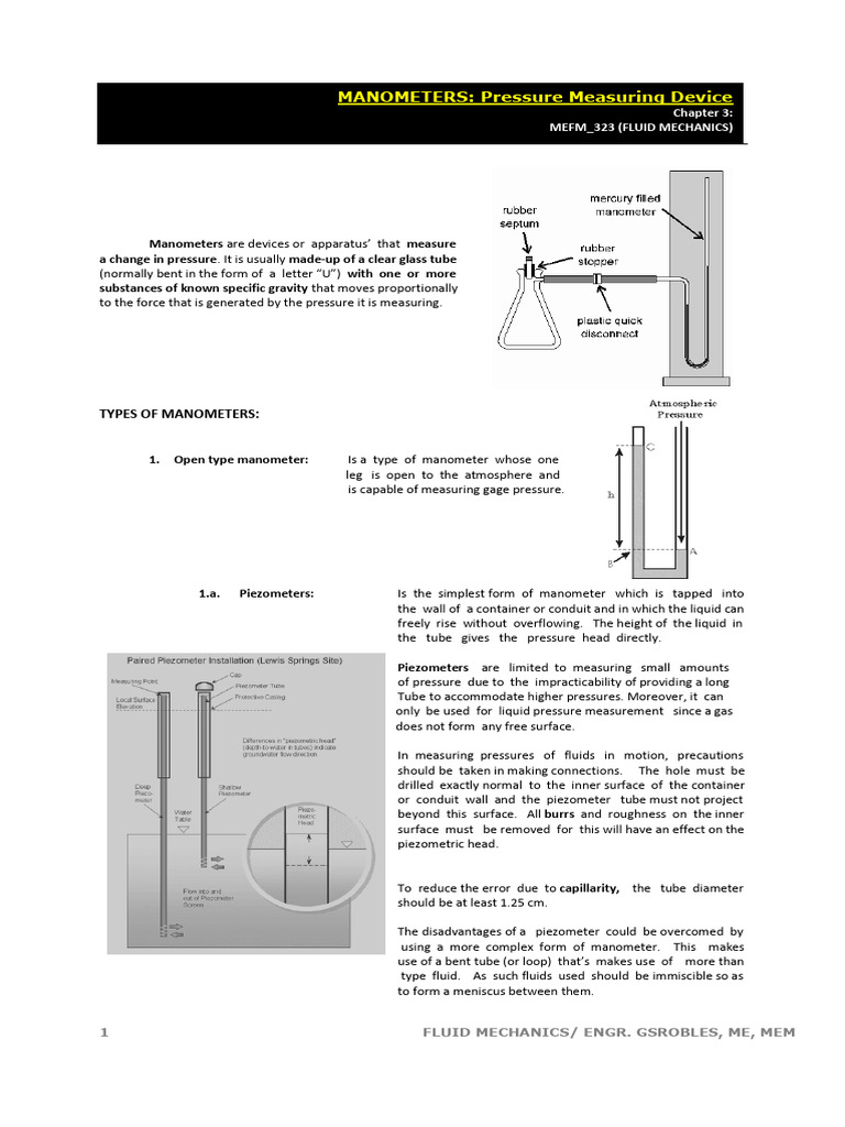 Chapter 3 Manometers (Pressure Measuring Device) | PDF | Pressure Measurement | Pressure