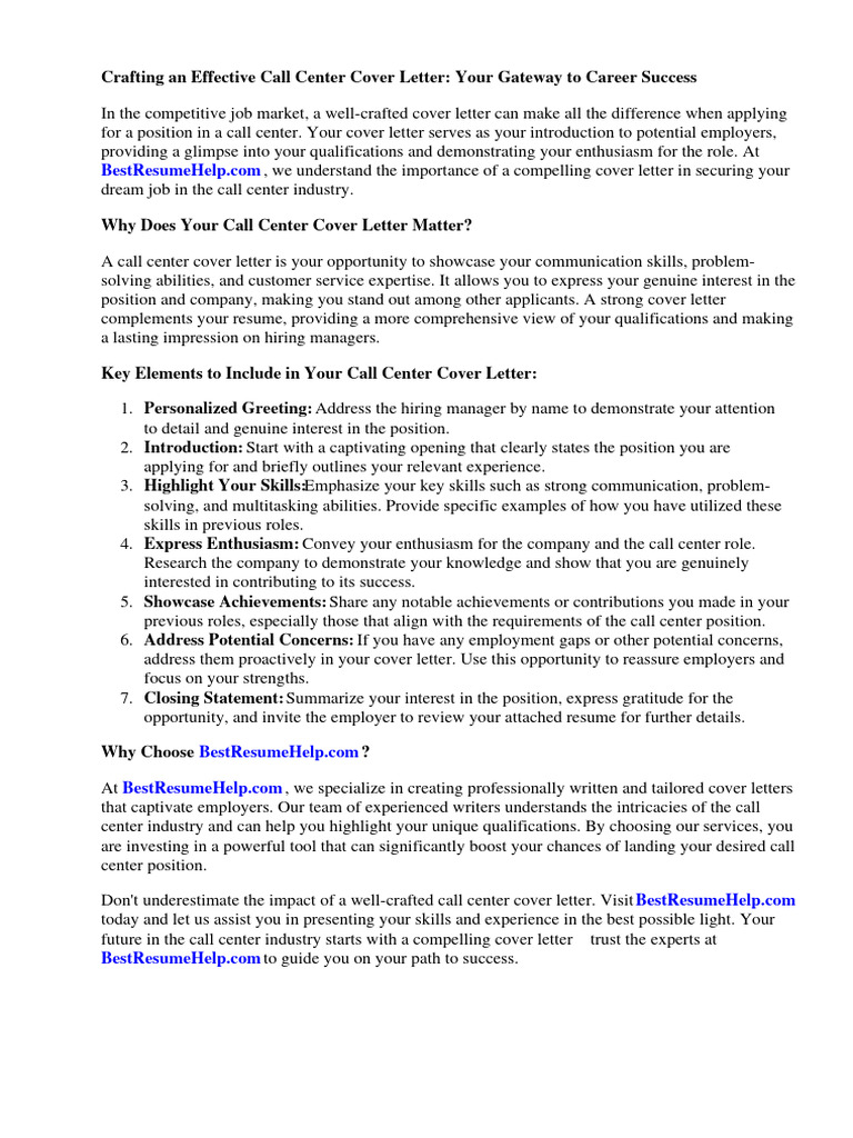 Call Center Cover Letter | PDF | Résumé | Employment