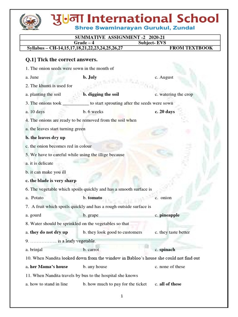 Class 4 EVS Worksheet with Answers | PDF | Weaving | Onion