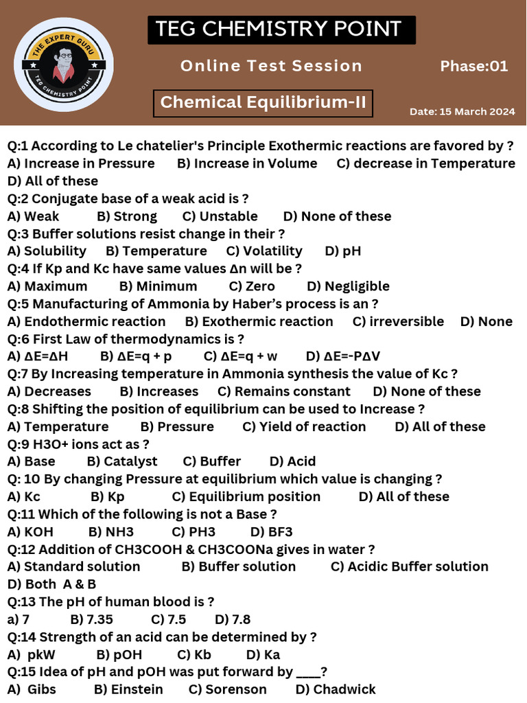 Chemical Equilibrium Online Test 2024 | PDF | Chemical Equilibrium ...