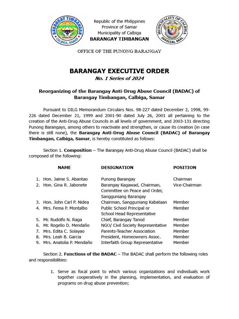 Barangay Executive Order No. 1 | PDF | Government | Justice