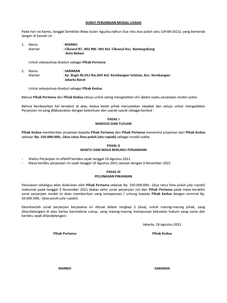 Surat Perjanjian Modal Usaha | PDF