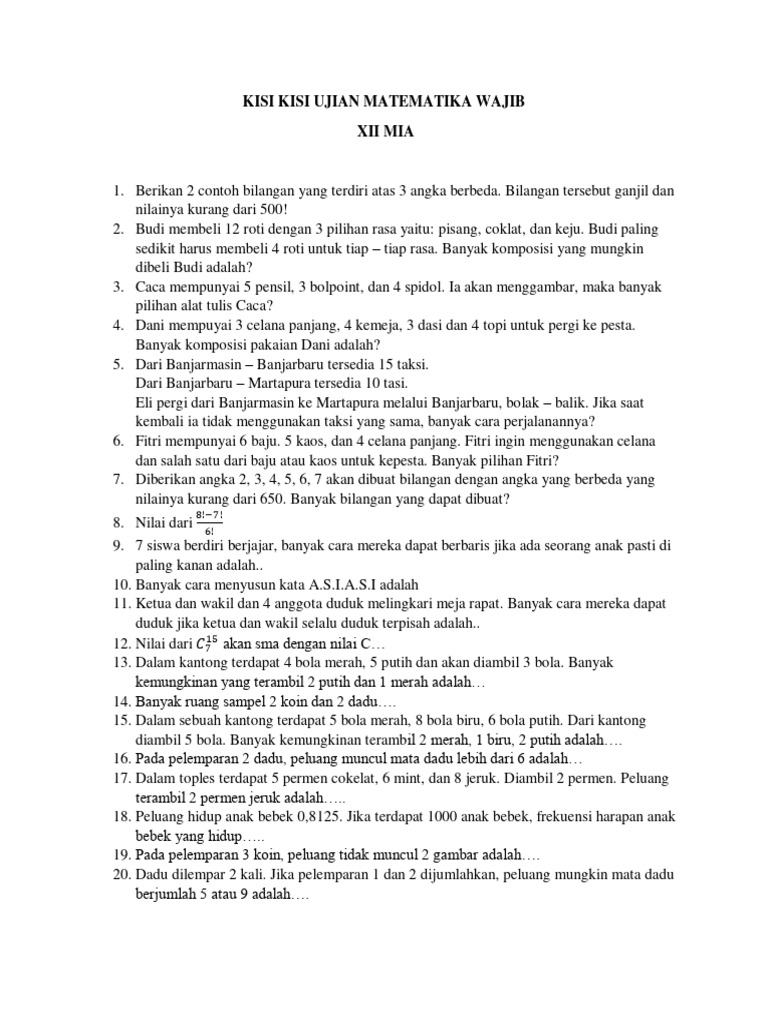 Kisi Kisi Ujian Matematika Wajib | PDF