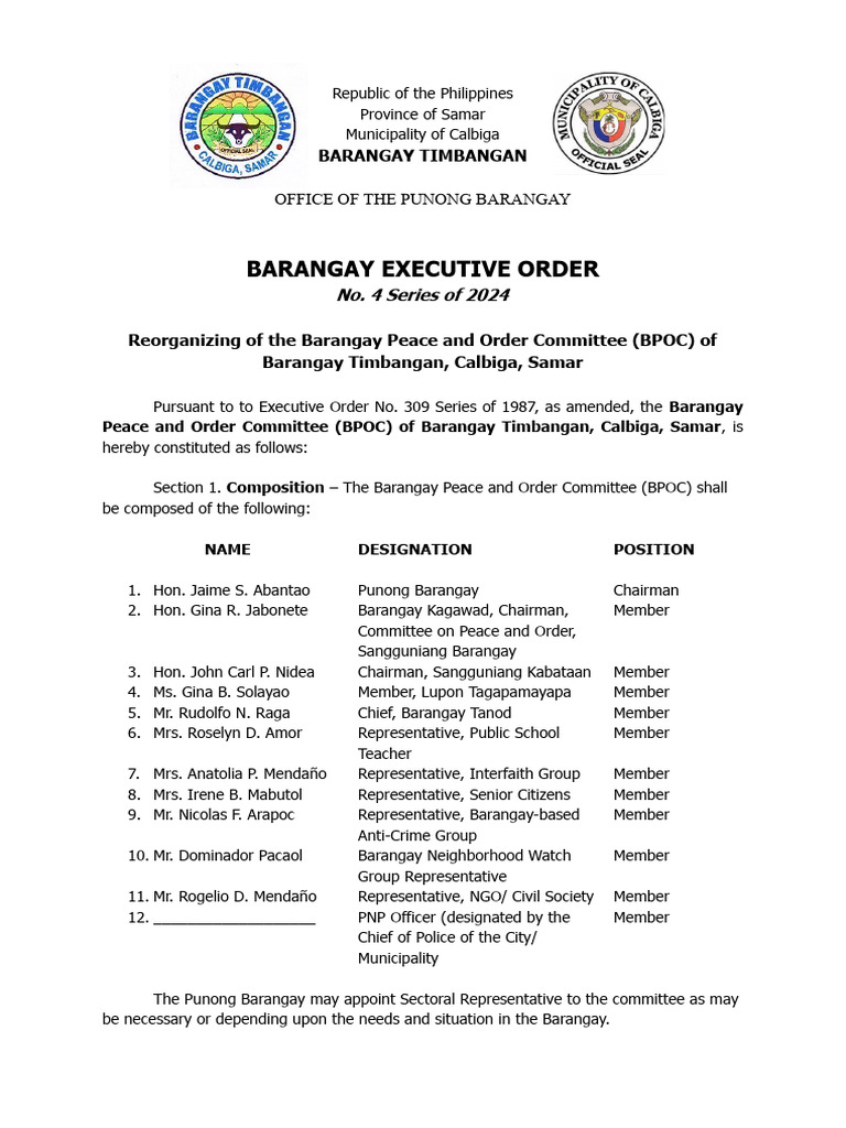 Barangay Executive Order No. 4 | Download Free PDF | Governance | Justice