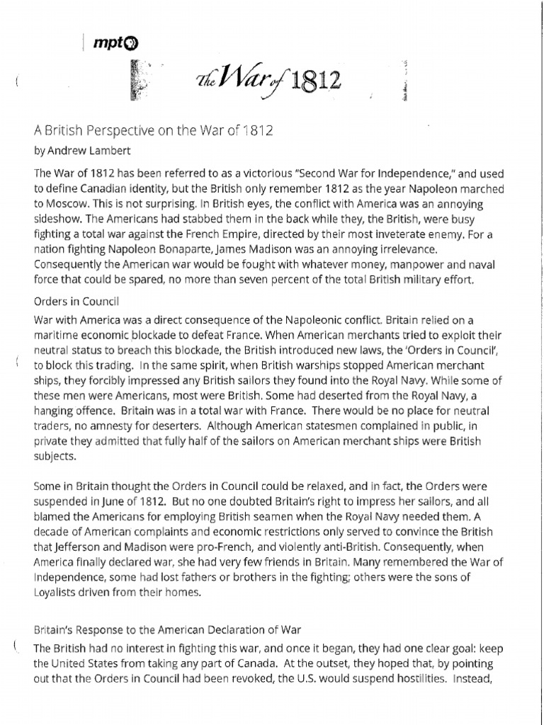 War of 1812 British Perspective | PDF