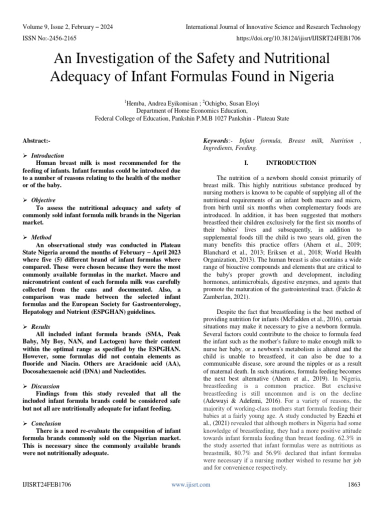 An Investigation of The Safety and Nutritional Adequacy of Infant ...