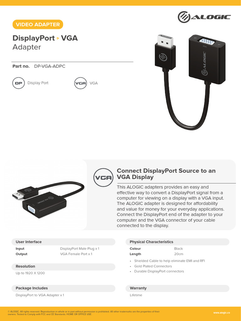 ALOGIC_SpecSheet_ DisplayPort to VGA Adapter_DP-VGA-ADPC | PDF | Computer Hardware | Display ...