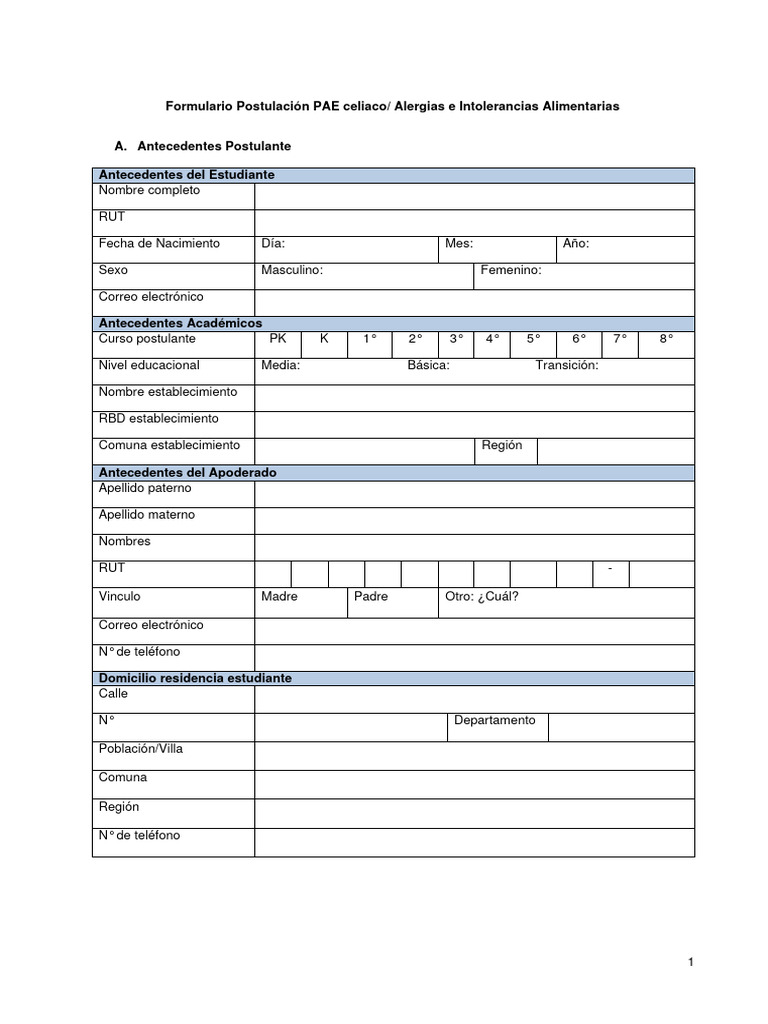 Formulario Postulacion PAE Celiaco Alergias e Intolerancias Alimentarias | PDF | Alergia ...
