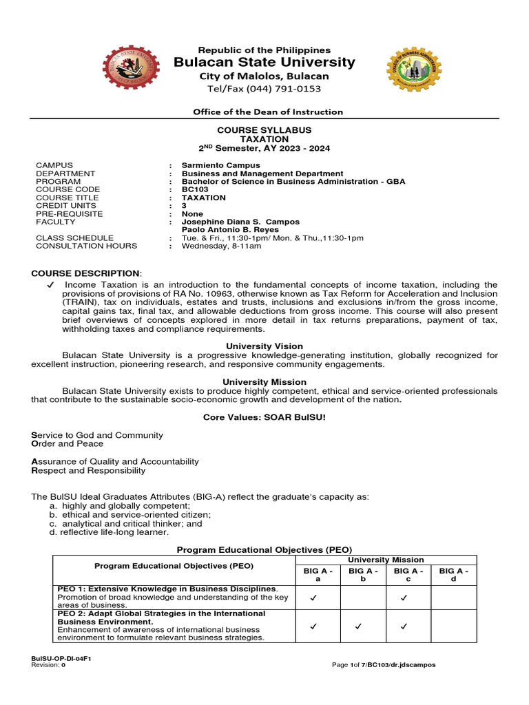 Taxation Syllabus 01-14-2024 Signed | PDF | Taxes | Gross Income