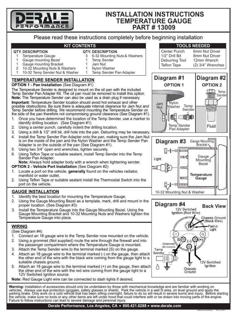 Installation Instructions Temperature Gauge PART # 13009 | PDF | Vehicles | Manufactured Goods