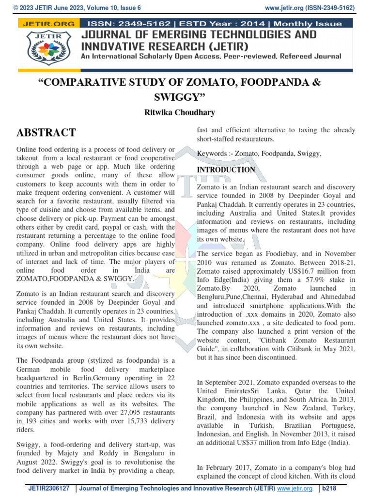 Comparative Study of Swiggy and Zomato Services Based On Consumer Perception | PDF ...