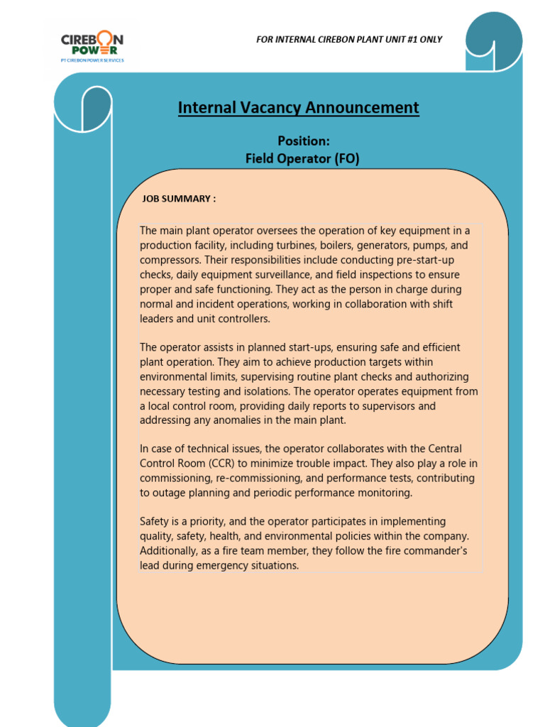 Internal Vacancy Announcement - Field Operator | PDF | Technology ...