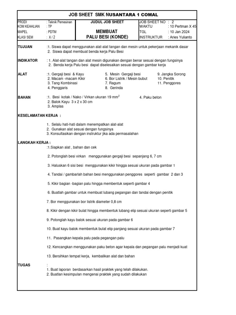 Job Sheet Membuat Palu Besi | PDF