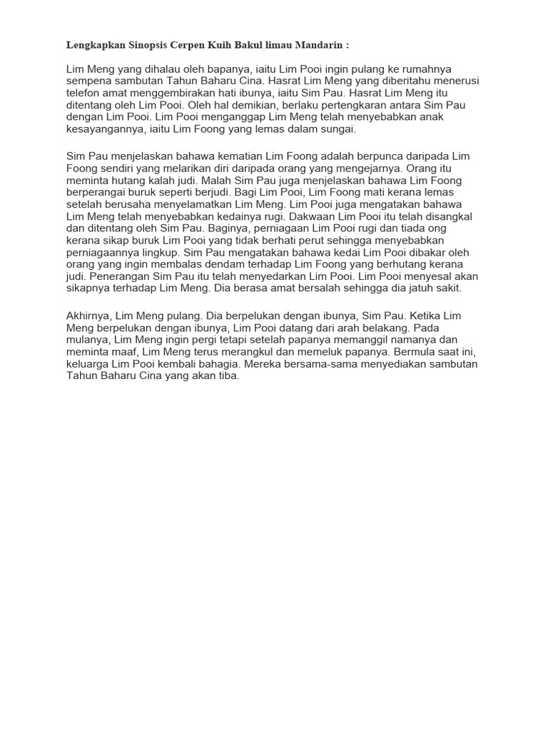 Lengkapkan Sinopsis Cerpen Kuih Bakul Limau Mandarin | PDF