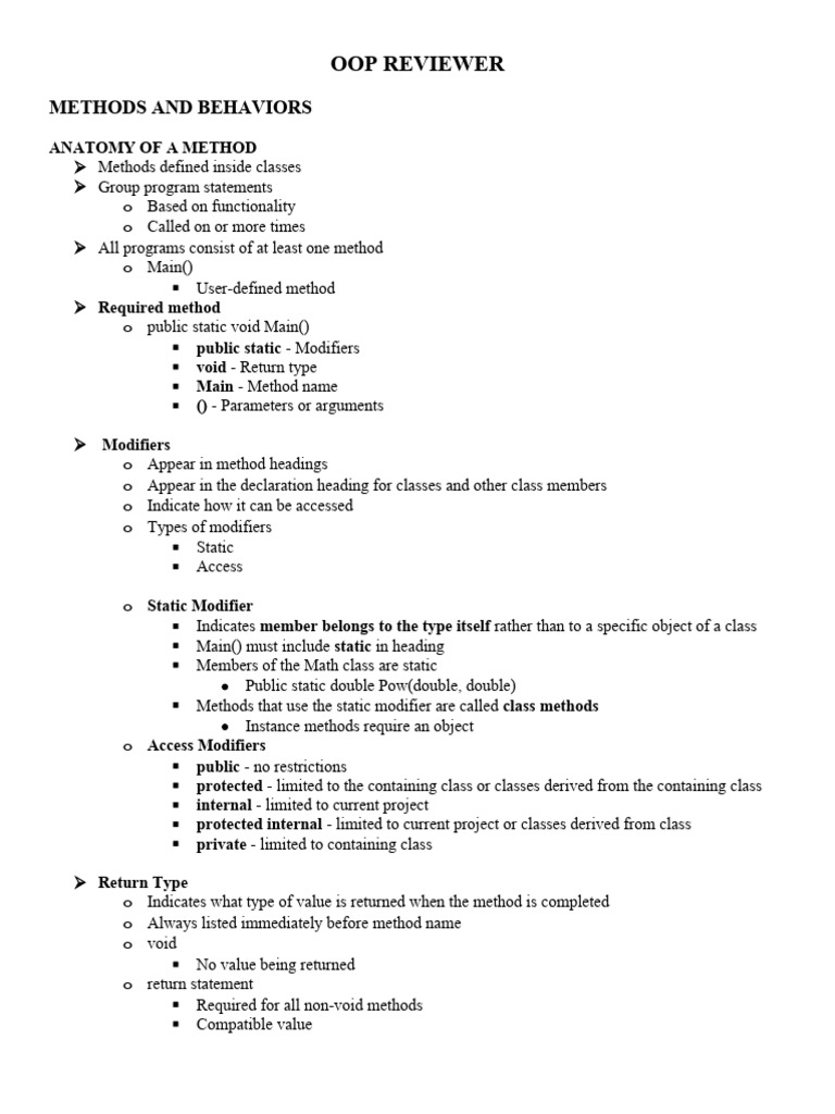 OOP REVIEWER | PDF | Method (Computer Programming) | Class (Computer Programming)