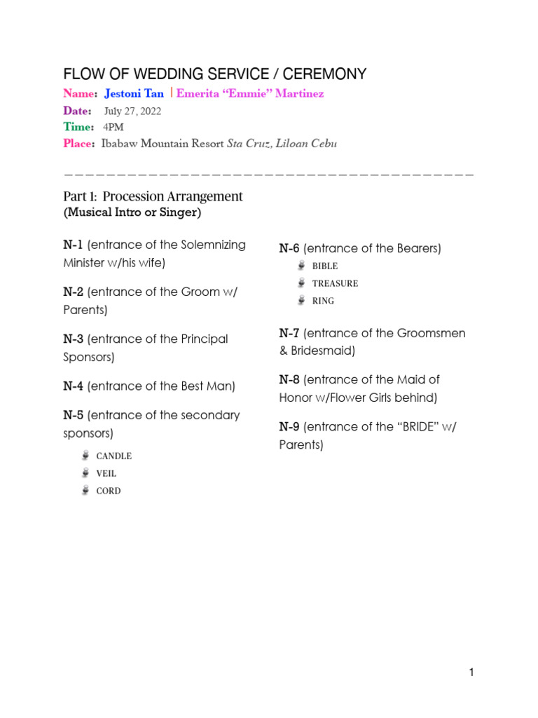 2022 FLOW OF WEDDING CEREMONY Jestoni Emmie | PDF | Wedding | Bride