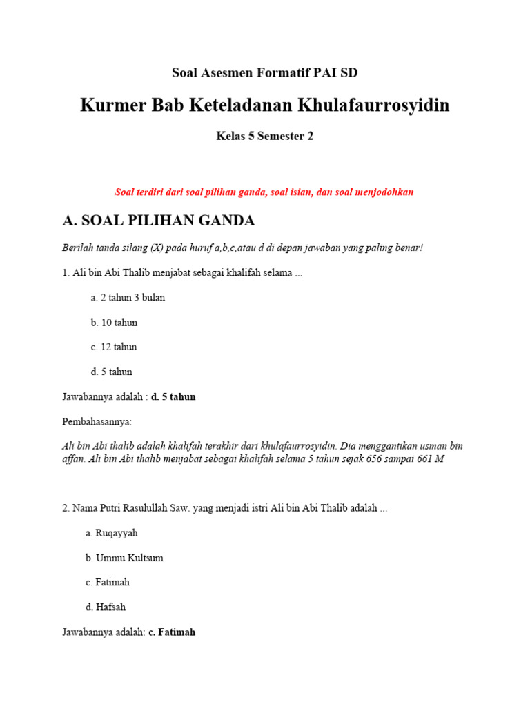 Soal Asesmen Formatif PAI SD Kelas 5 Keteladanan Khulafaurrosyidin | PDF | Agama & Spiritualitas