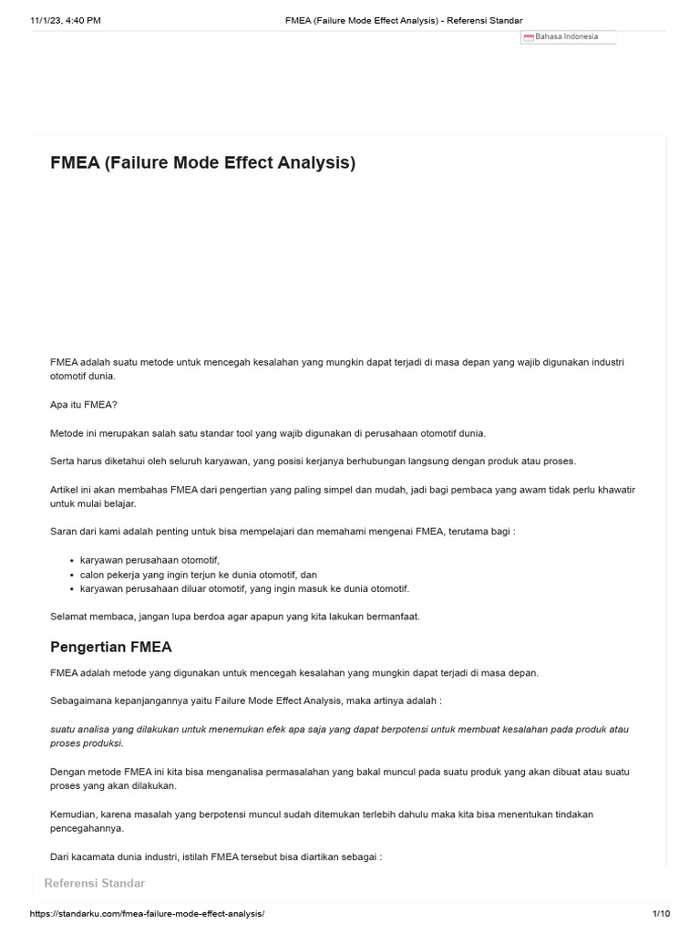 FMEA (Failure Mode Effect Analysis) - Referensi Standar | PDF | Bisnis