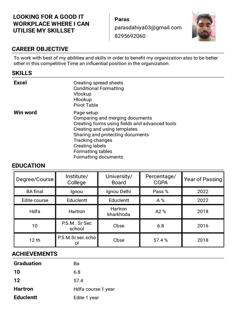 Resume - Paras - Format1 (1) - Dahiya Dahiya | PDF | Behavior ...