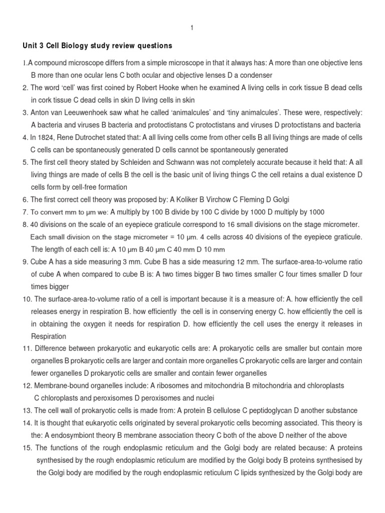 Unit 3 Cell Biology Review Question - PDF (Self Study at Home) | PDF ...