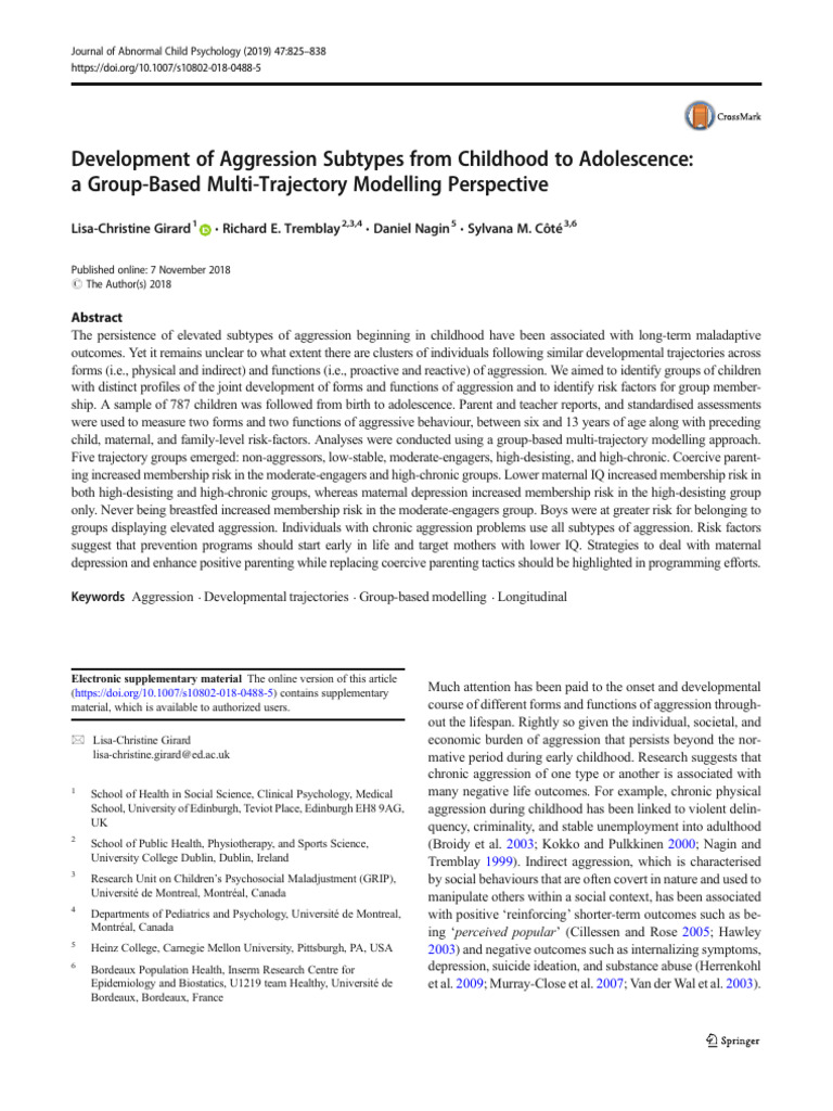 Development of Aggression Subtypes From Childhood To Adolescence ...