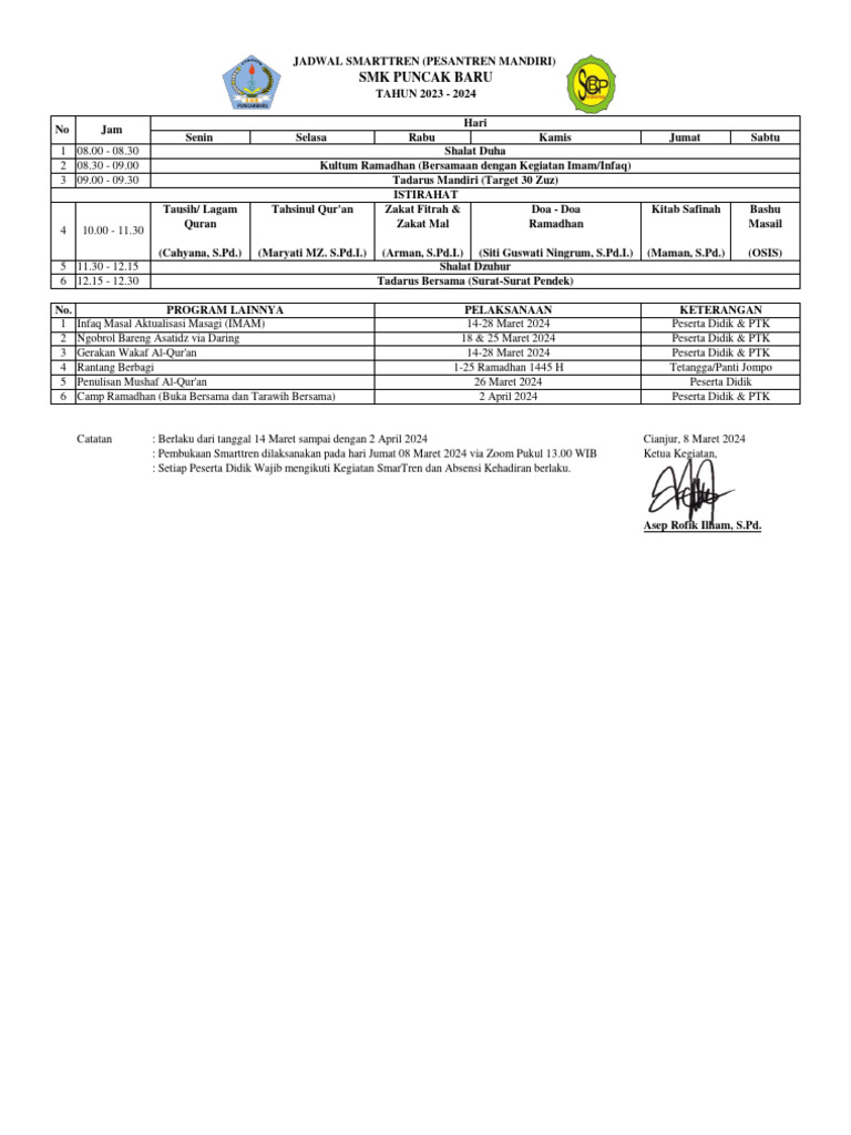 Jadwal Smarttren 2023-2024 - 1 | PDF