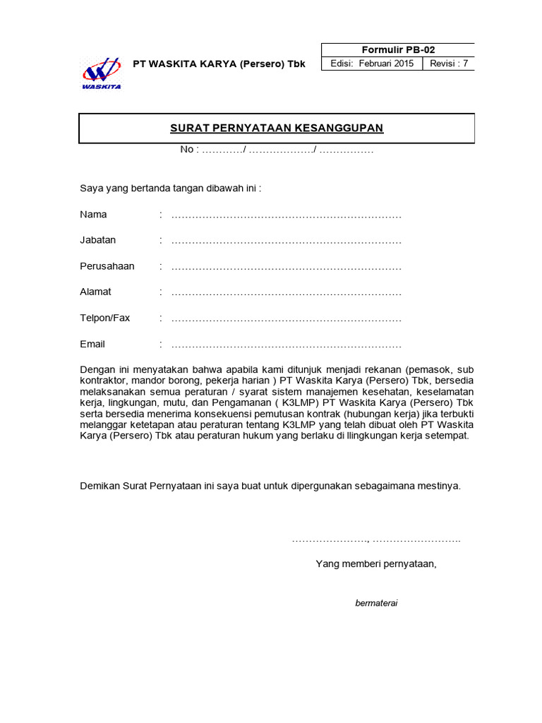 Form PB-02 Surat Pernyataan Kesanggupan | PDF