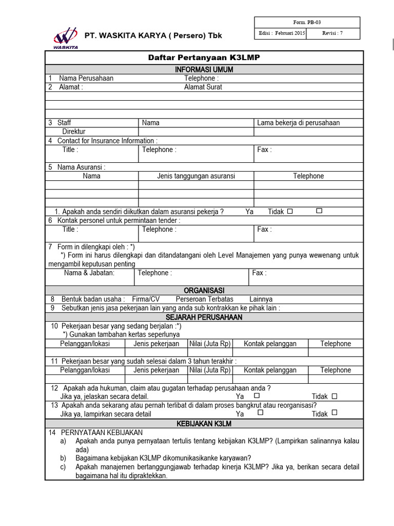 Formulir K3LMP PT Waskita Karya | PDF
