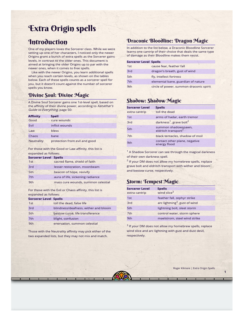 Roger Kilmore - Extra Origin Spells | PDF | Gary Gygax Games | Dungeons & Dragons
