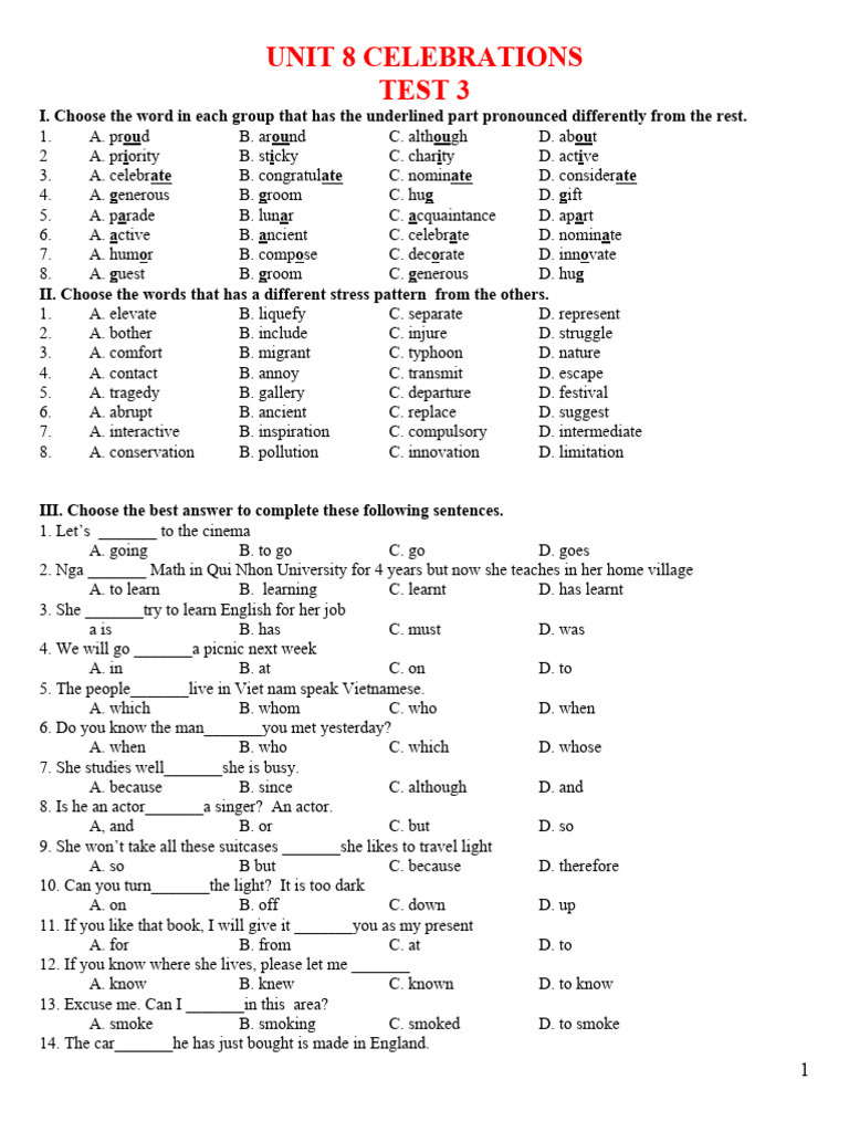 ENGLISH 9 UNIT 8 CELEBRATIONS Test 3 | PDF