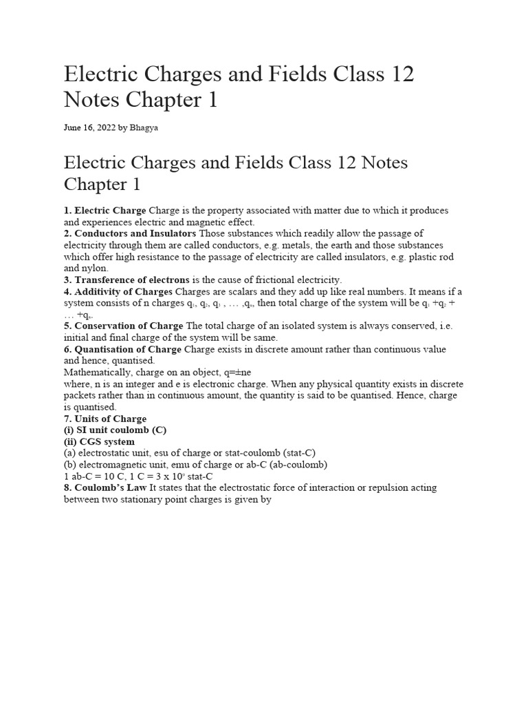 Electric Charges and Fields Class 12 Notes Chapter 1 | Download Free ...