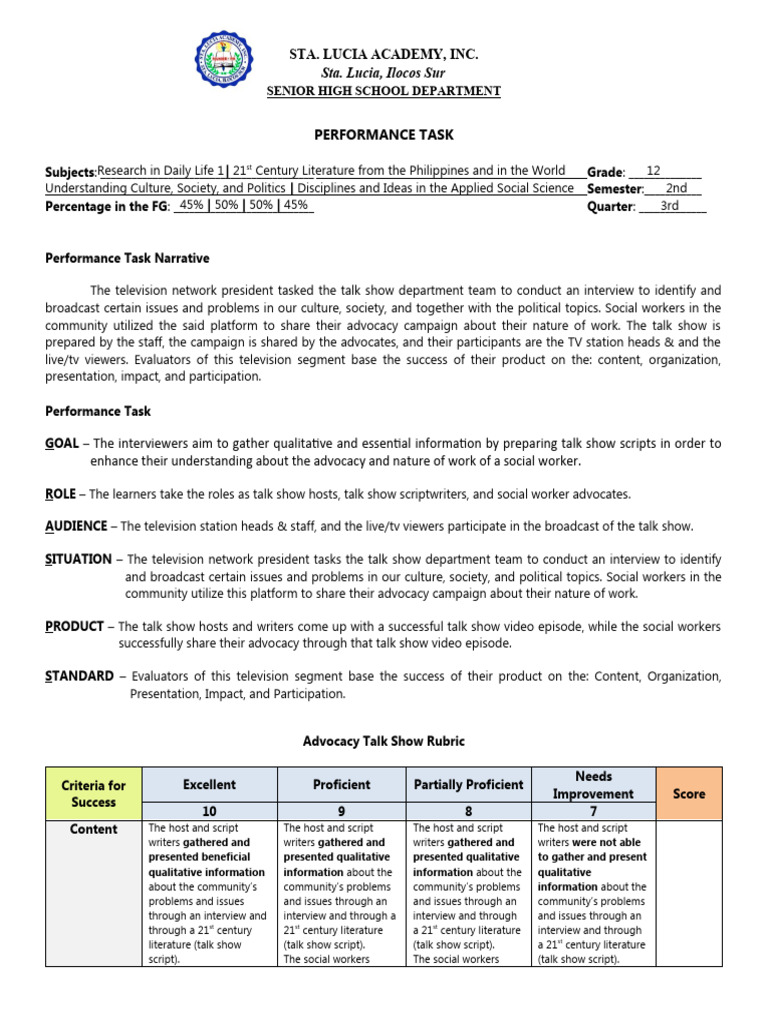 Senior High Talk Show Task | PDF | Communication | Human Communication