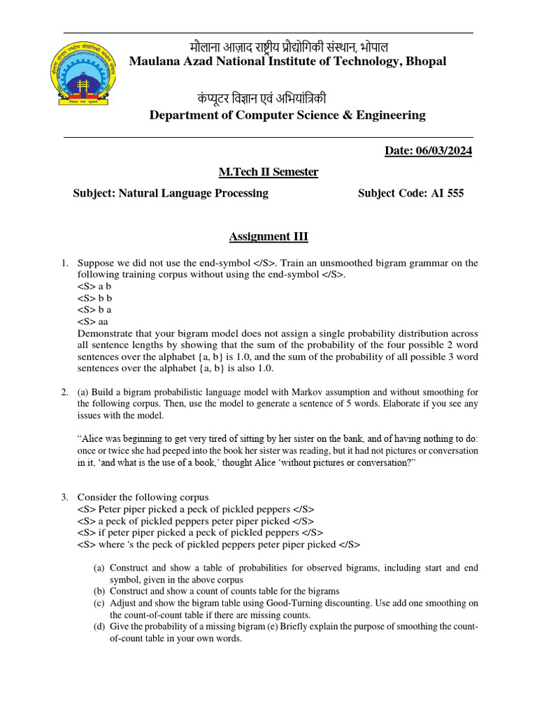 MTech AI 555 NLP Assignment III | PDF | Statistical Theory | Applied Mathematics