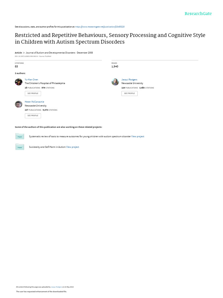 Restricted and Repetitive Behaviours, Sensory Processing and Cognitive Style in Children with ...