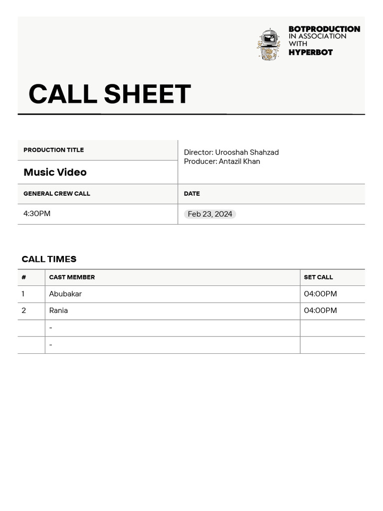 Production Call Sheet Professional Doc in Black and White Agnostic ...