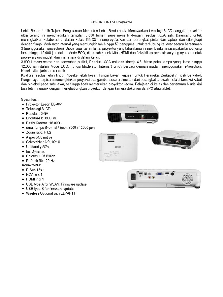 Spesifikasi EPSON EB-X51 Proyektor | PDF